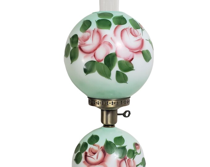 Vintage Hurricane Lamp Round Globe Mint Green With Pink Roses 21