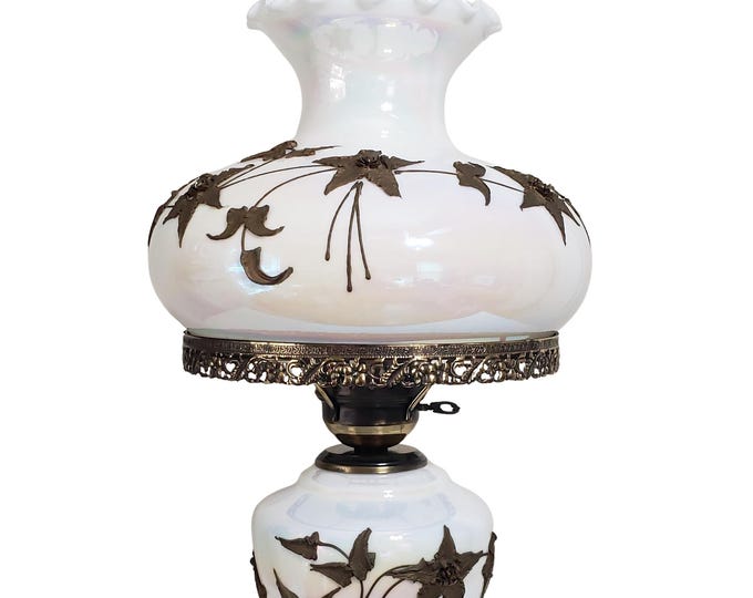 Vintage Hurricane Lamp White Iridescent With Gold Gilding 22