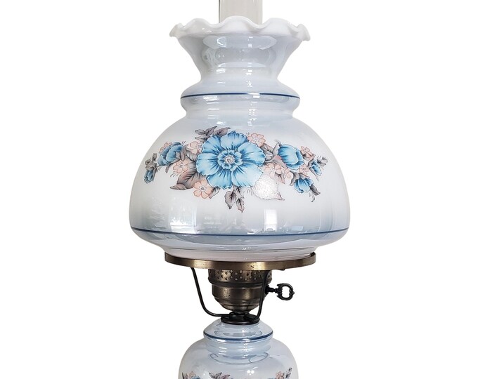 Vintage Hurricane Lamp Blue With Blue & Peach Flowers 22