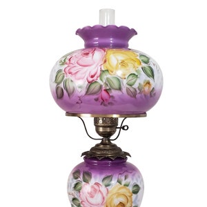 Stunning Vintage Hurricane Lamp Purple With Pink & Yellow Roses 28 30 ...