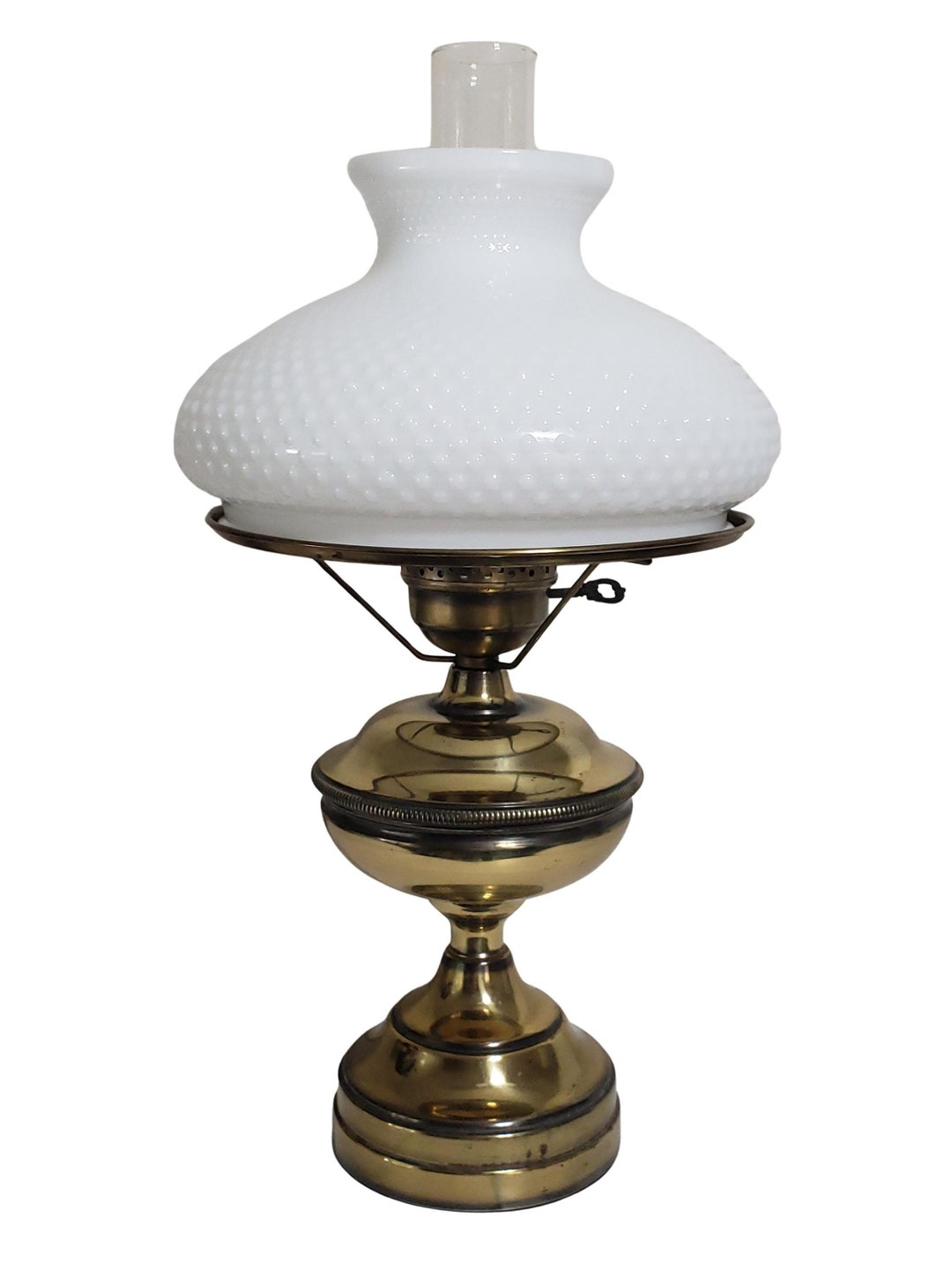 Vintage Antique Brass Hurricane Lamp White Hobnail Milk Glass 19" - 21 ...