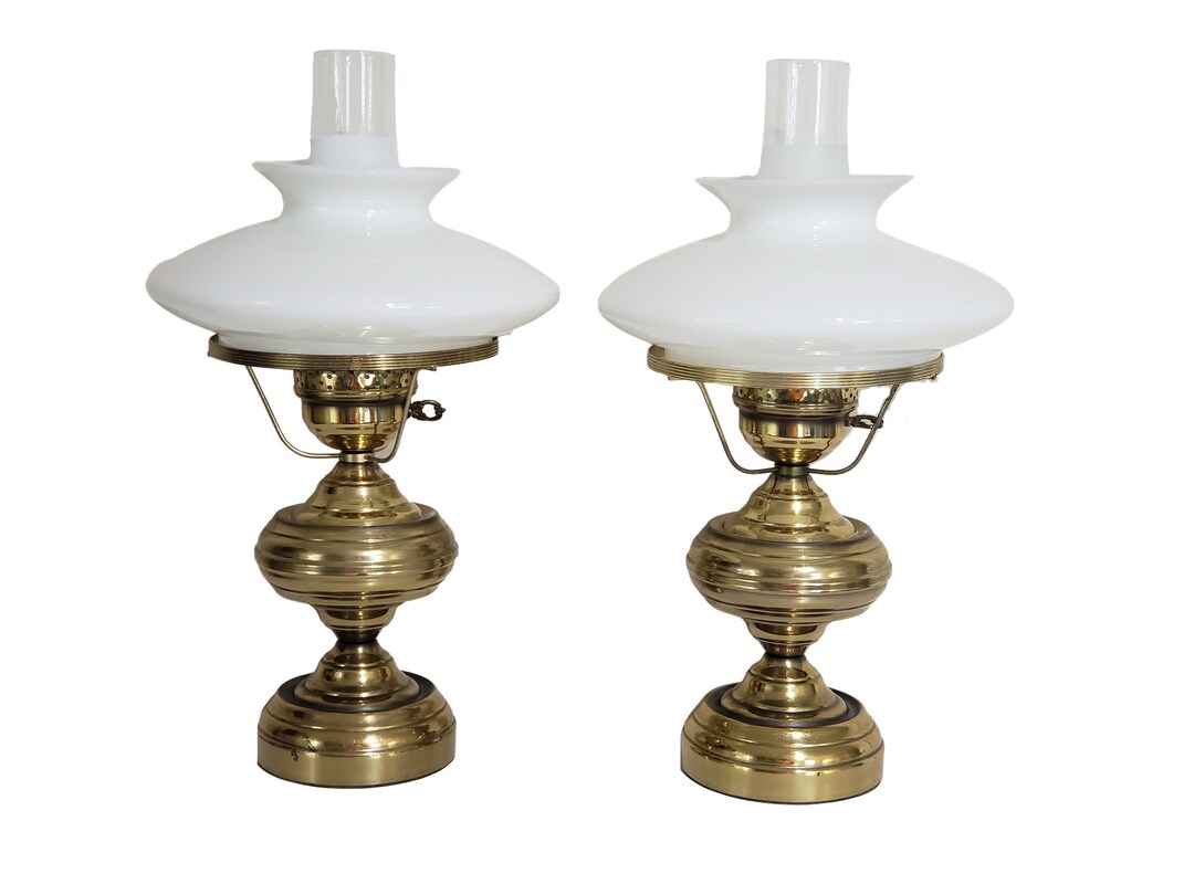 Vintage Brass Hurricane Table Lamps Set of 2 White Shades 15 - Etsy