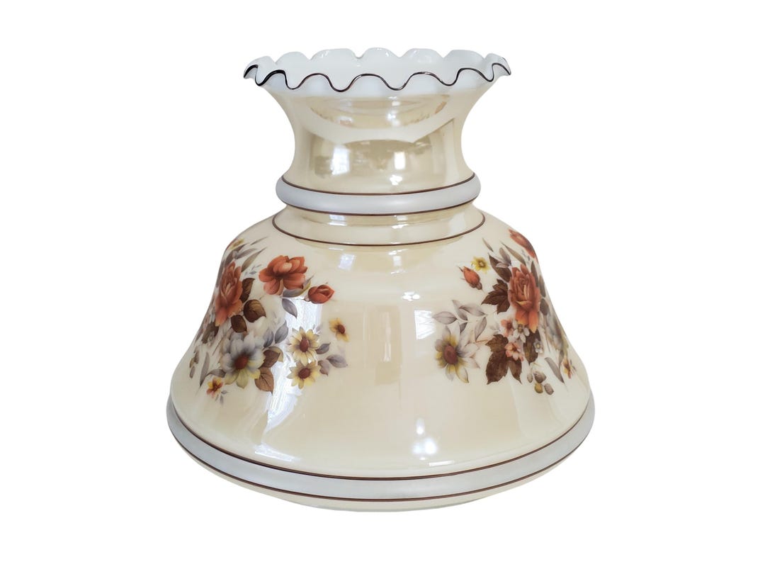 Vintage Hurricane Lamp Shade Light Tan W Roses Flowers Fits 10" Holder ...