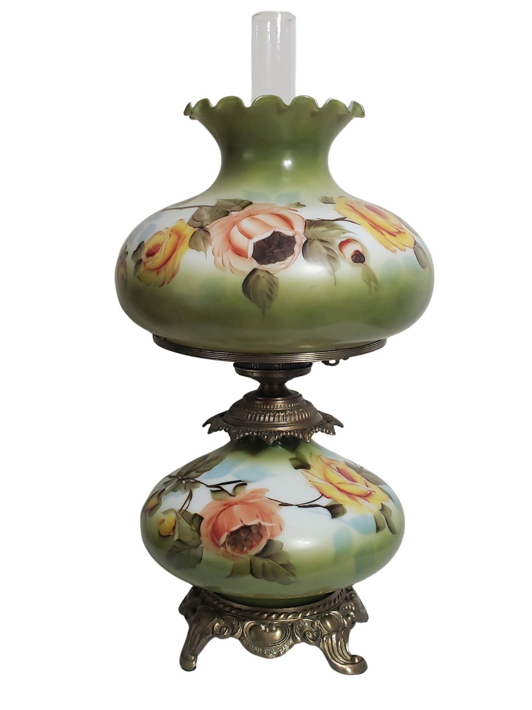 Vintage Hurricane Lamp Green W Pink & Yellow Roses 23 1/2" - 27" Tall ...