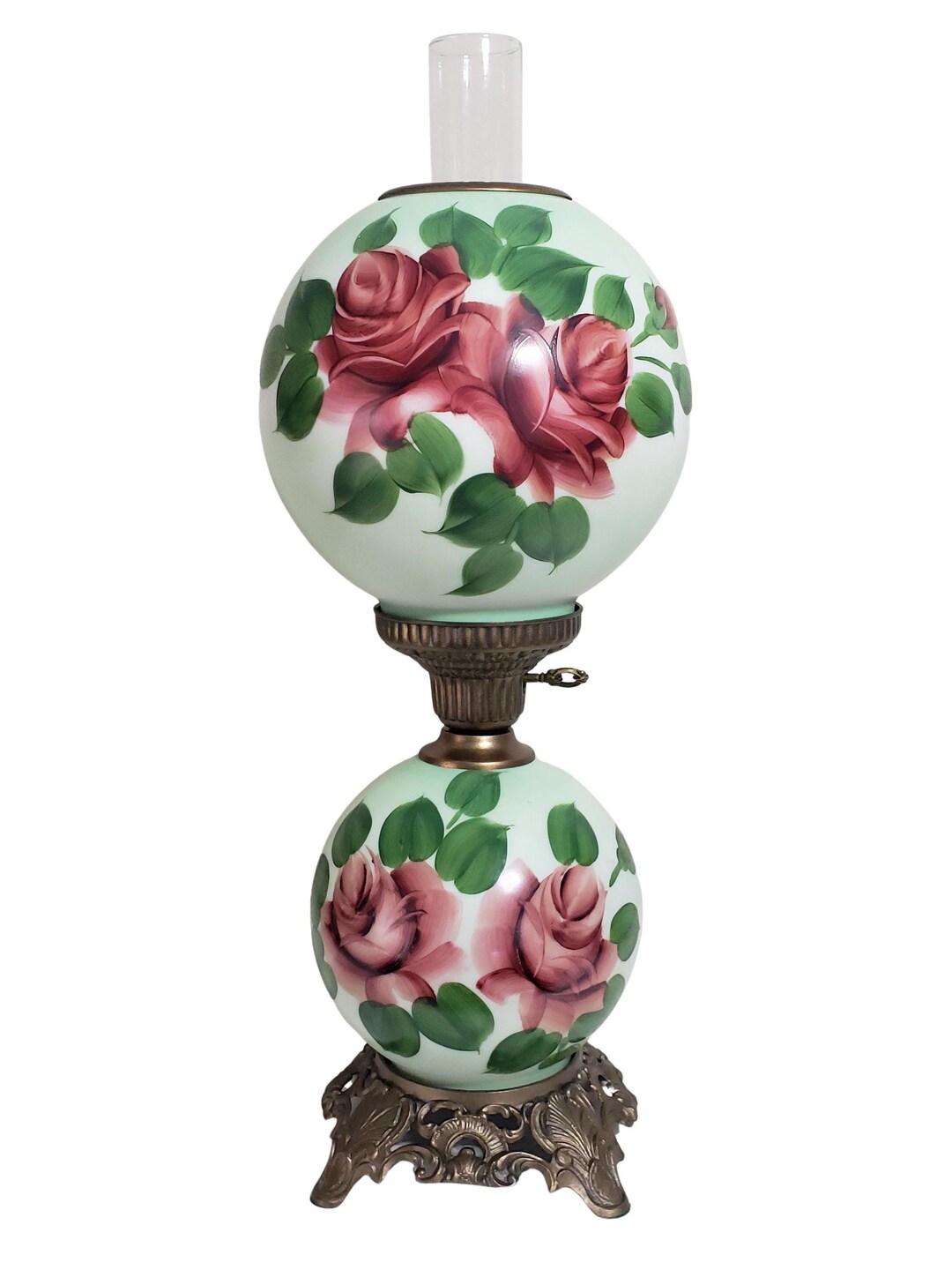 Vintage Round Globe Hurricane Lamp Green With Red Roses 20 23 Tall All ...
