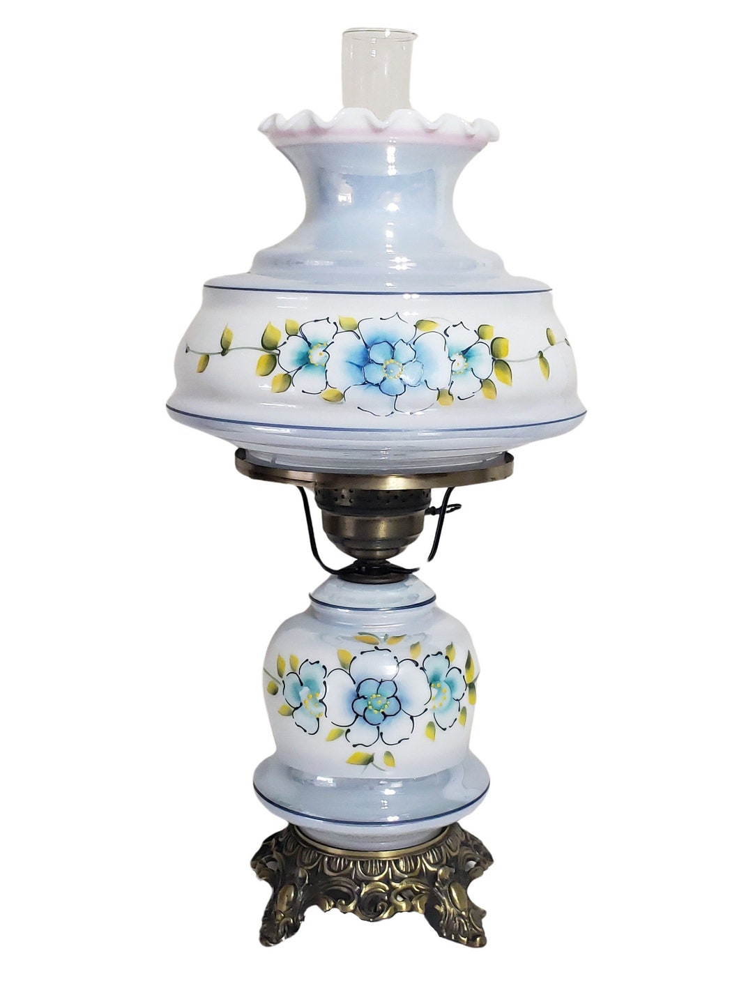 Vintage Hurricane Lamp Floral Blue White Yellow 20 1/2" - 22 1/2" Tall ...