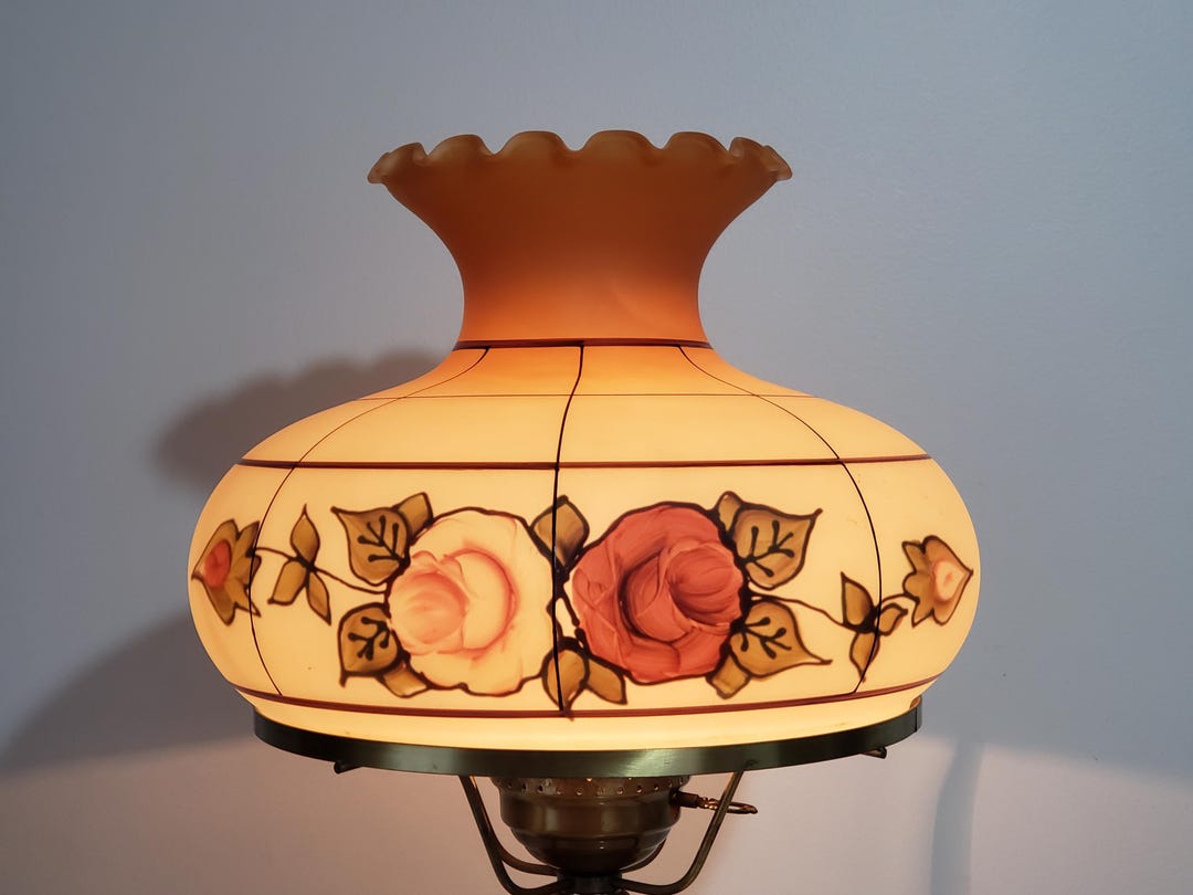 Vintage Hurricane Lamp Shade Stained Glass Look Roses Fits 10" Holder ...