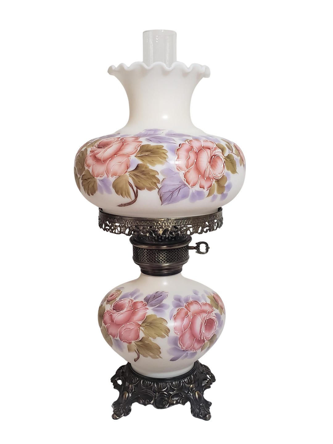 Vintage Hurricane Lamp Frosted Ivory With Pink Floral Roses 20