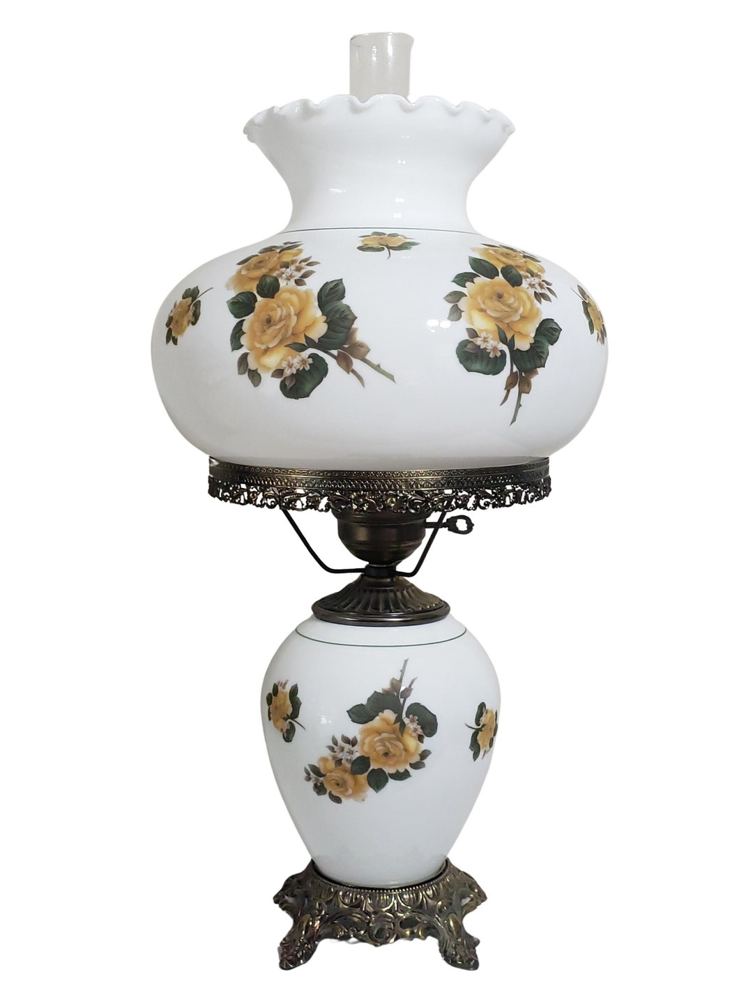 Vintage Hurricane Lamp White With Yellow Roses 24