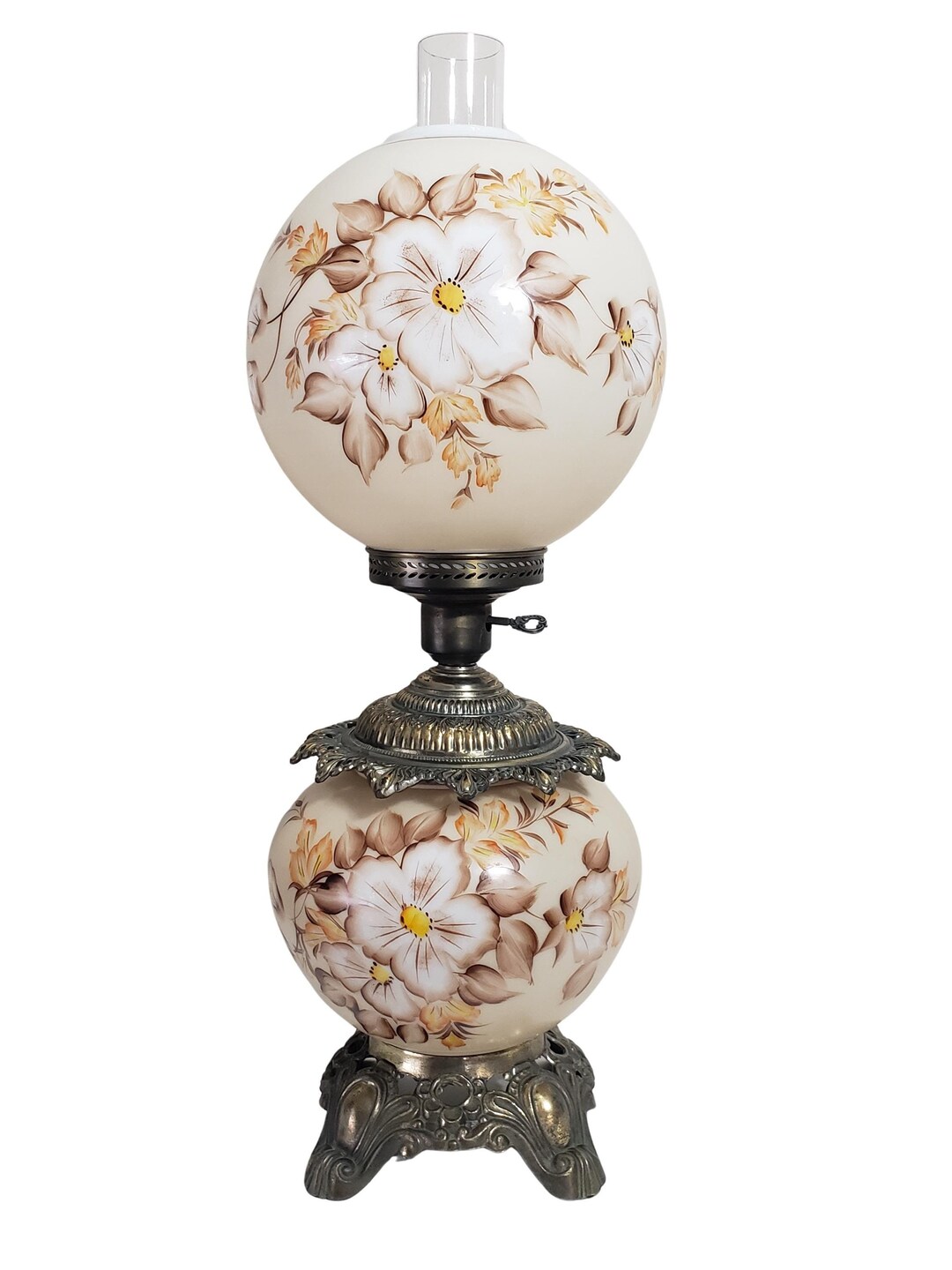 Vintage Round Globe Hurricane Lamp Light Tan Cream Large Flowers 24 ...