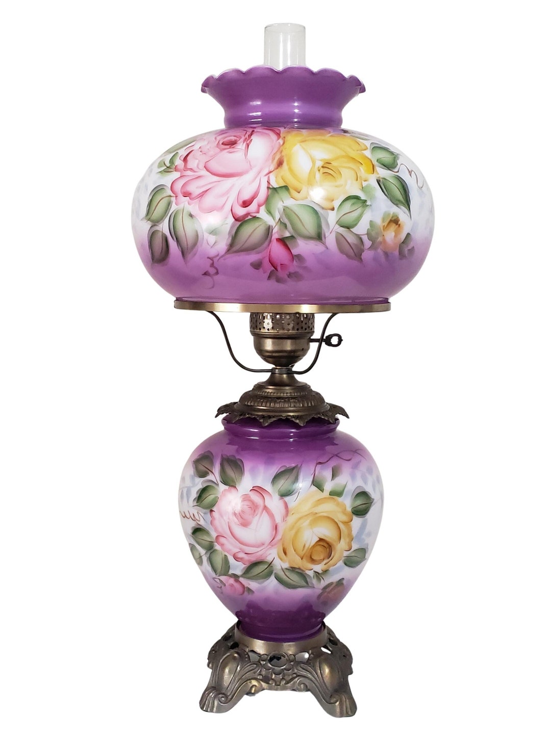 Stunning Vintage Hurricane Lamp Purple With Pink & Yellow Roses 28 30 ...