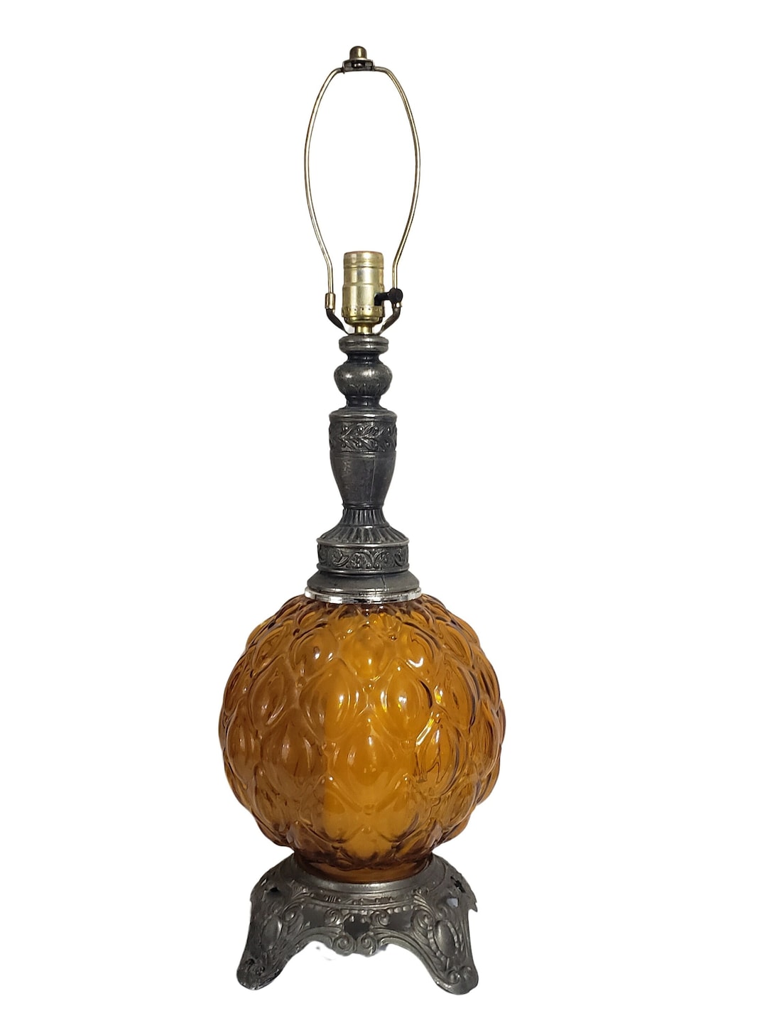 Vintage Mid Century Amber Glass Table Lamp Metal Base 28 Tall 3 Way ...