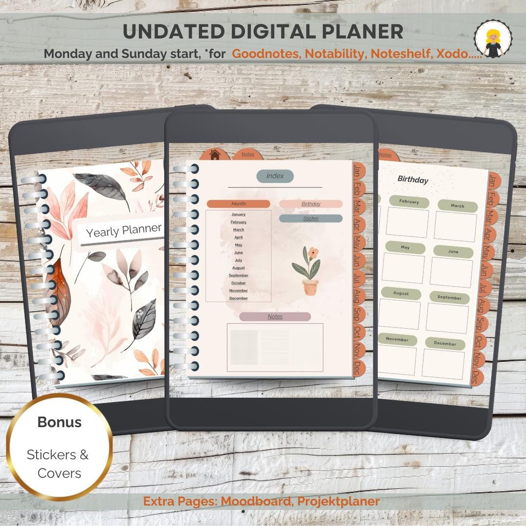 Undated Digital Goodnotesplanner, English, Digital Planner, Boho, iPad ...