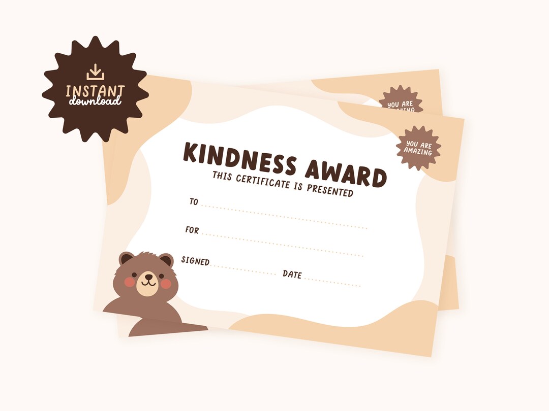 Childrens Certificate of Achievement Well Done Kindness Award Cute Kids ...