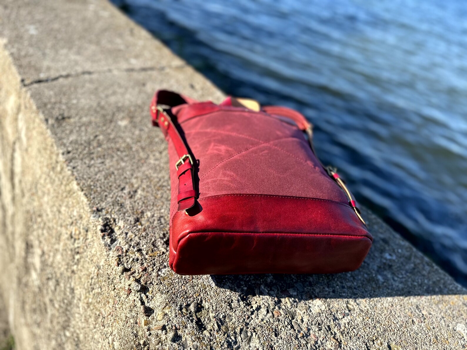 Red Backpackroll Top Leather Canvas Backpack - Etsy
