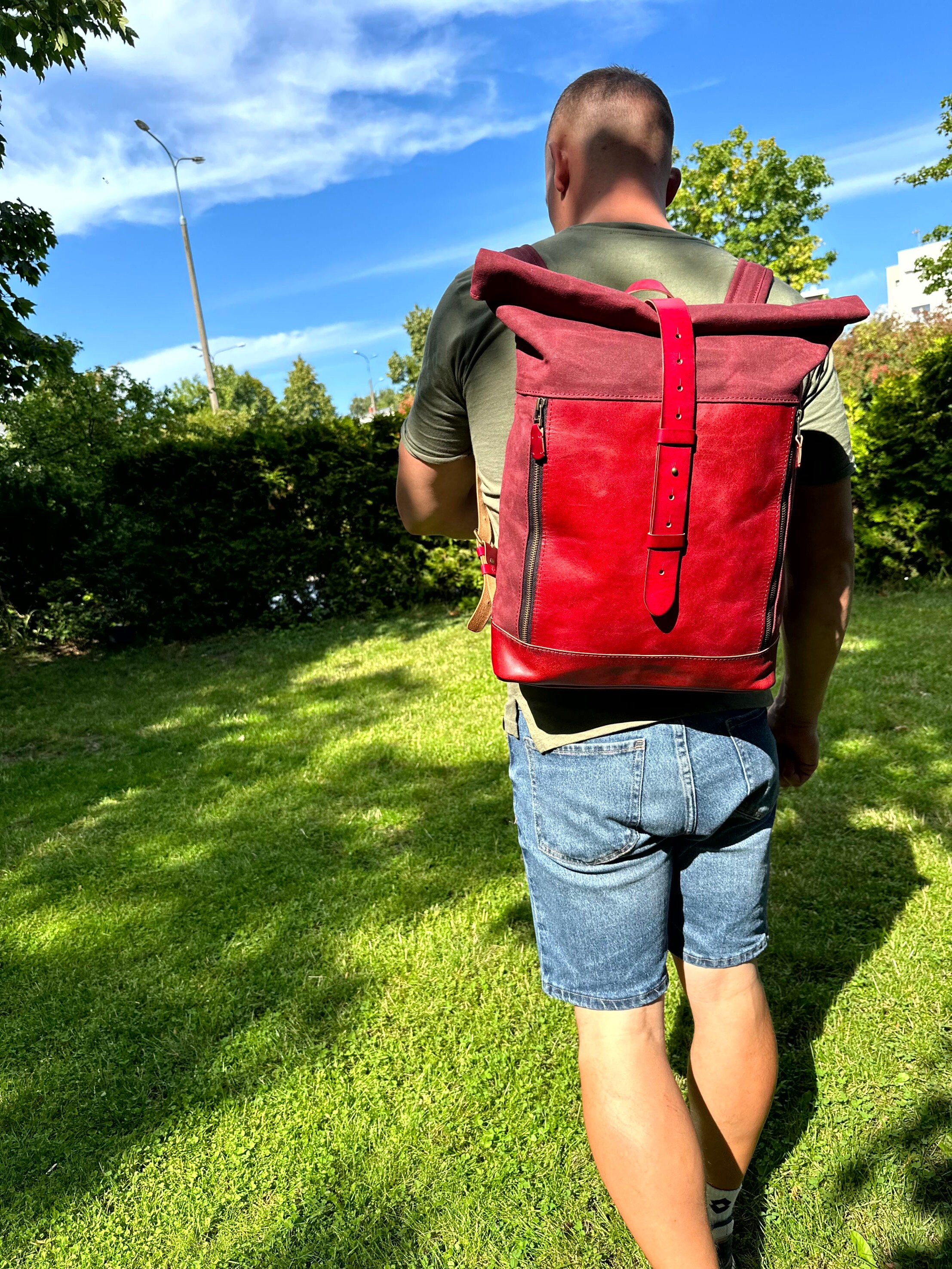 Red Backpackroll Top Leather Canvas Backpack - Etsy