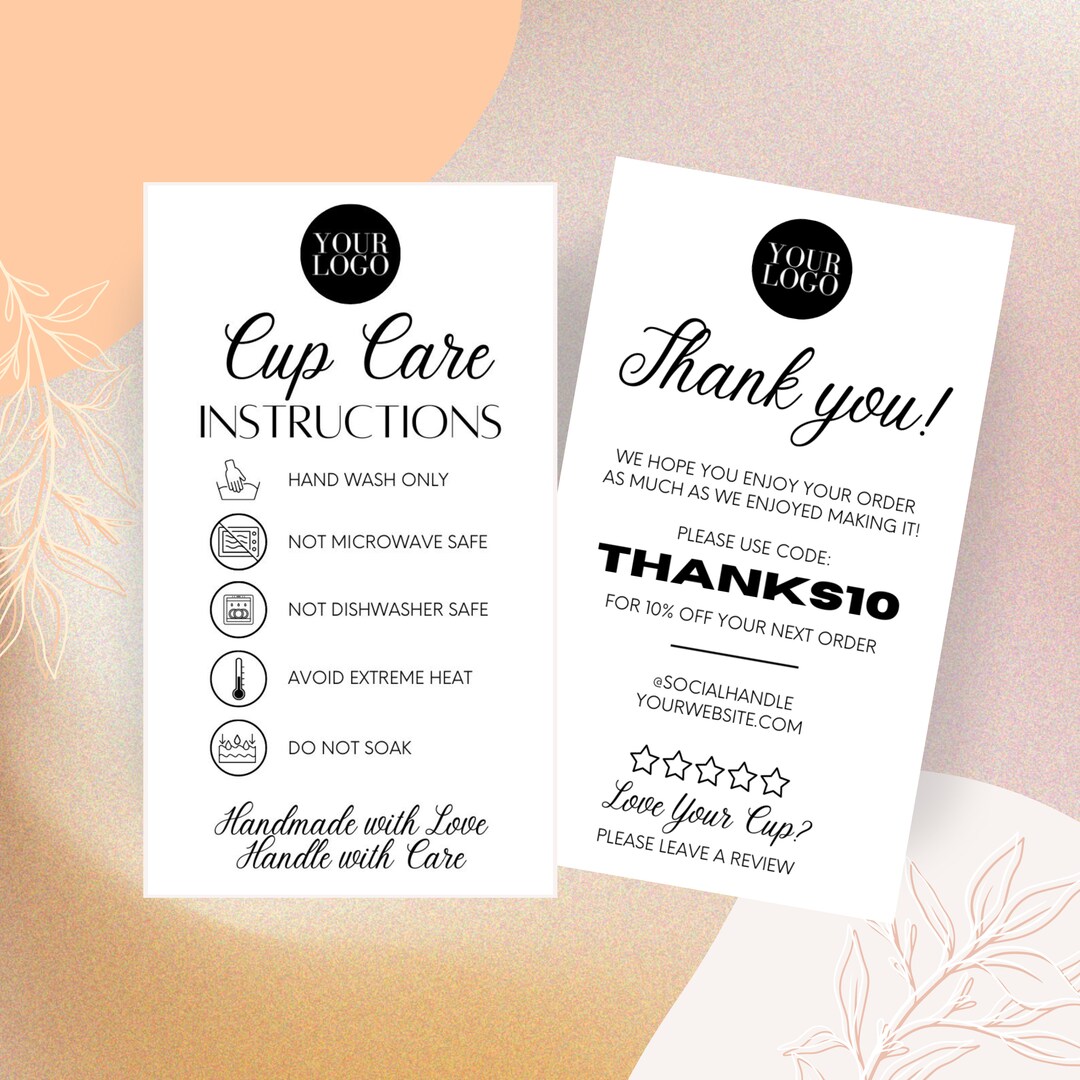 Editable Cup Care Card, Cute Tumbler Printable Washing Care Card ...