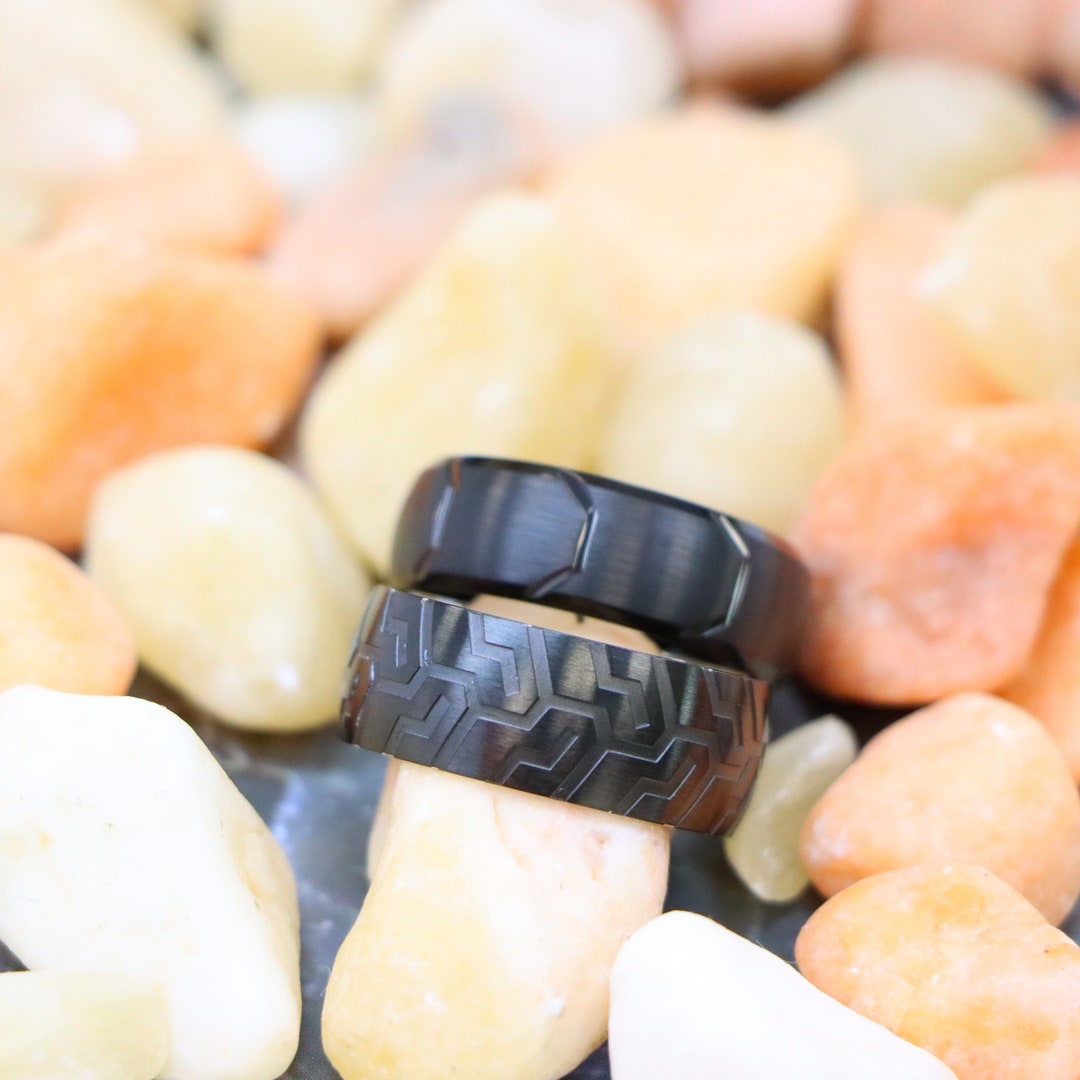 Tire Tread Ring, Black Wedding Band, Tire Engagement Rings, Tungsten ...