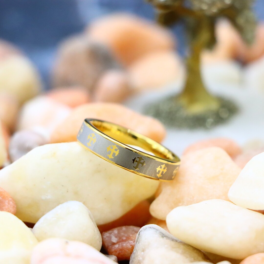 Yellow Gold Tungsten Ring, Men's Wedding Band, Cross Ornament Ring ...