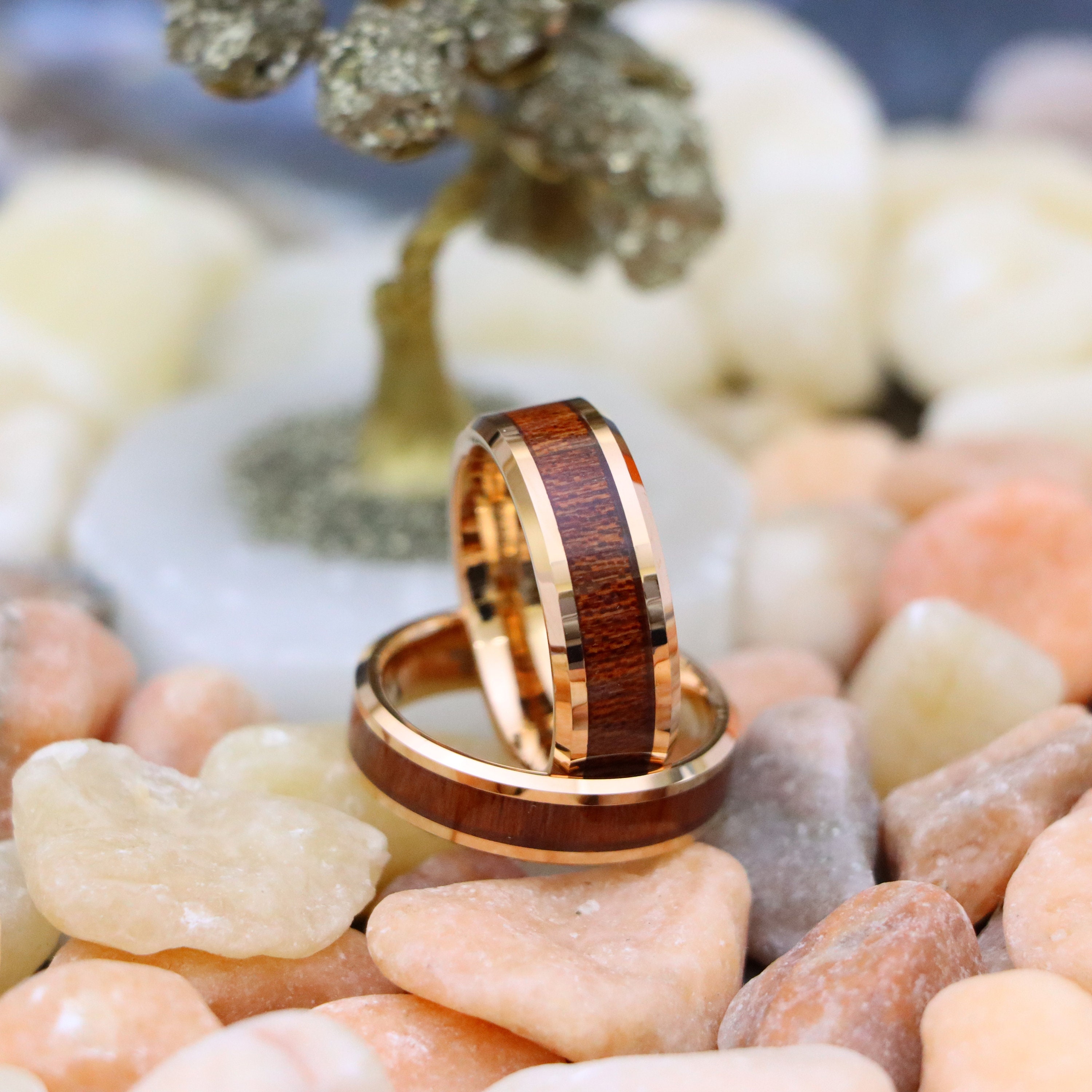 Wood Wedding Ring, Rose Gold Wedding Ring, His and Her Wedding Band ...