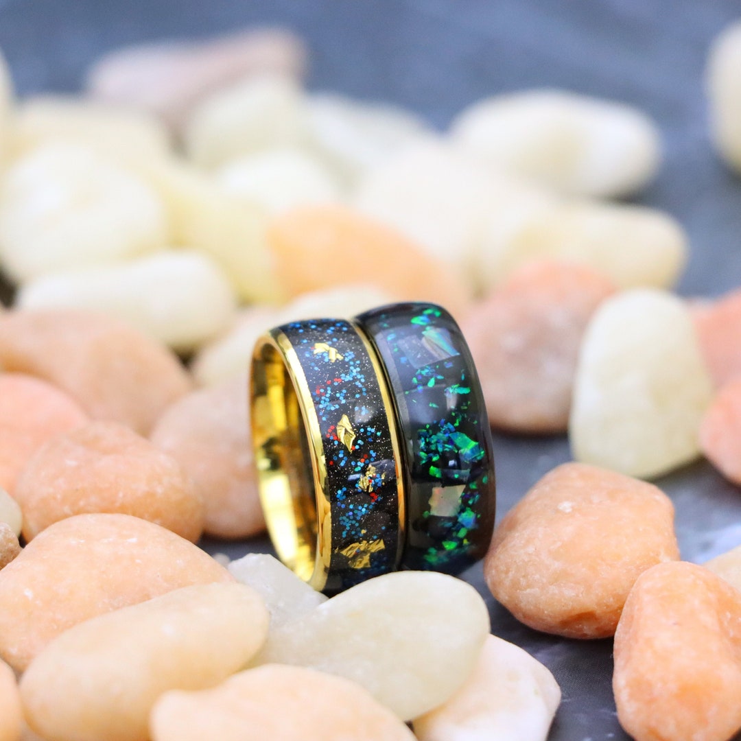 Opal & Abalone Fragment Inlay Men's Unique Black Dome Tungsten Wedding ...