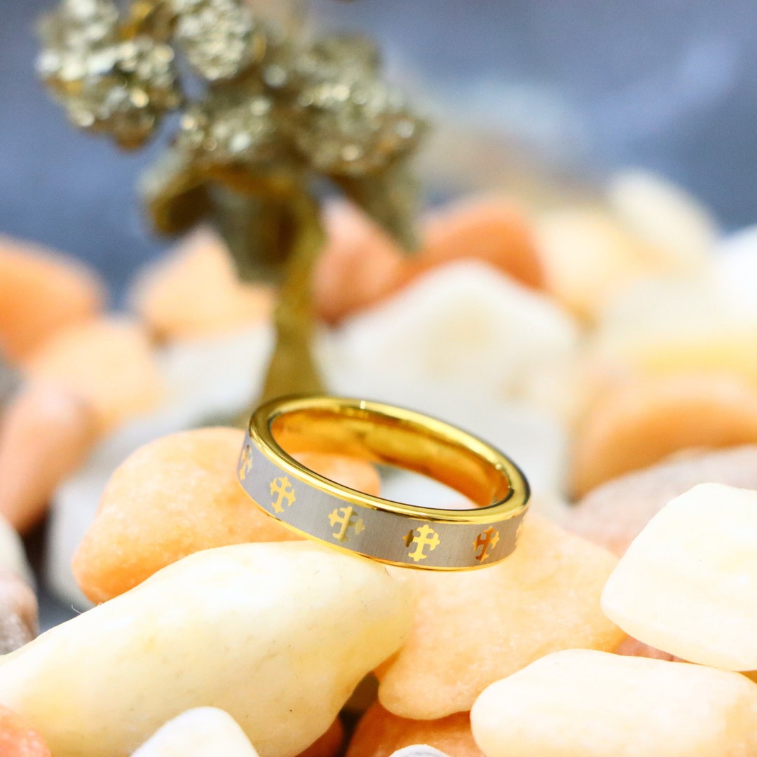 Gold Tungsten Cross Wedding Band Flat Plain High Polished Tungsten Ring ...