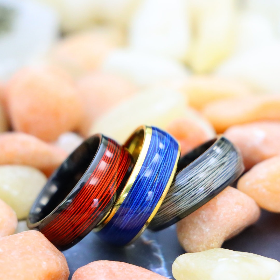 Fishing Line Wedding Ring, Mens Womens Engagement Ring, Dome Black ...