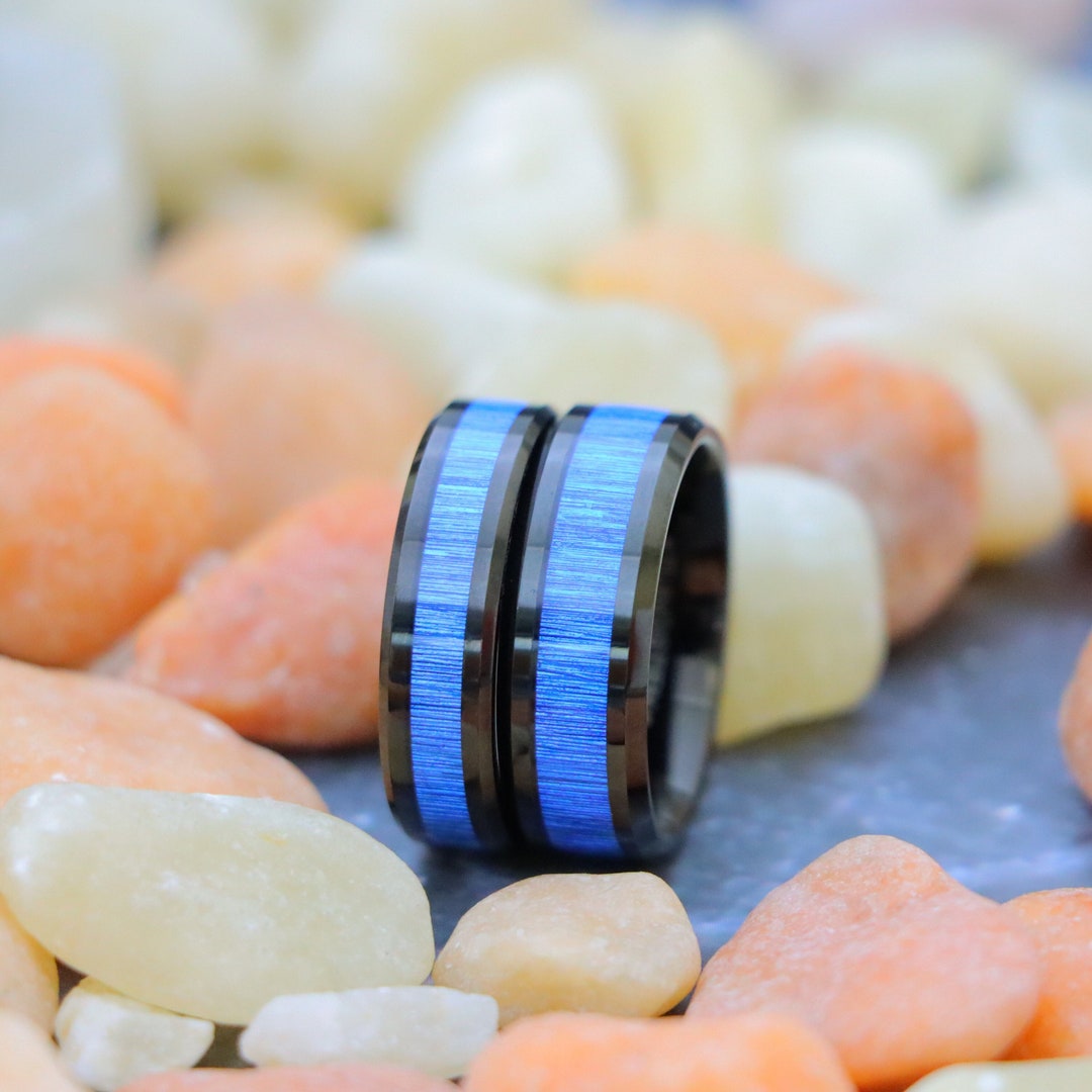Unique Blue Dyed Bamboo Grain Fiber Inlay Promise Ring for Him ...