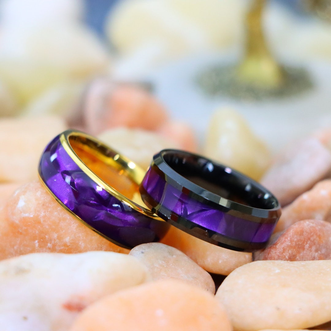 Tungsten Purple Shell Ring Yellow Gold Mens Wedding Ring Purple ...