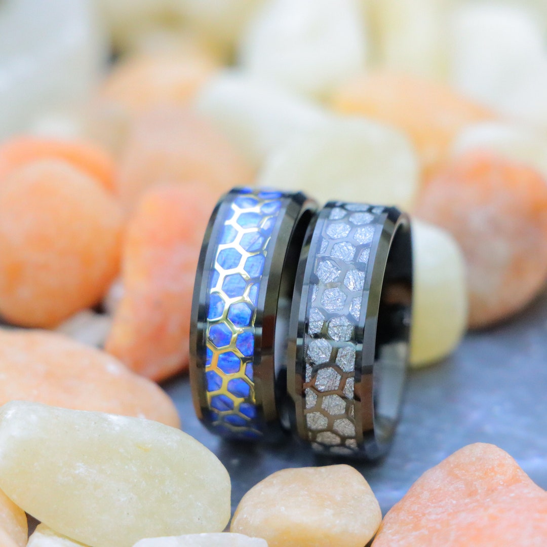 8mm Metallic Meteorite With Honeycomb Hexagon Pattern Inlay High Polish ...