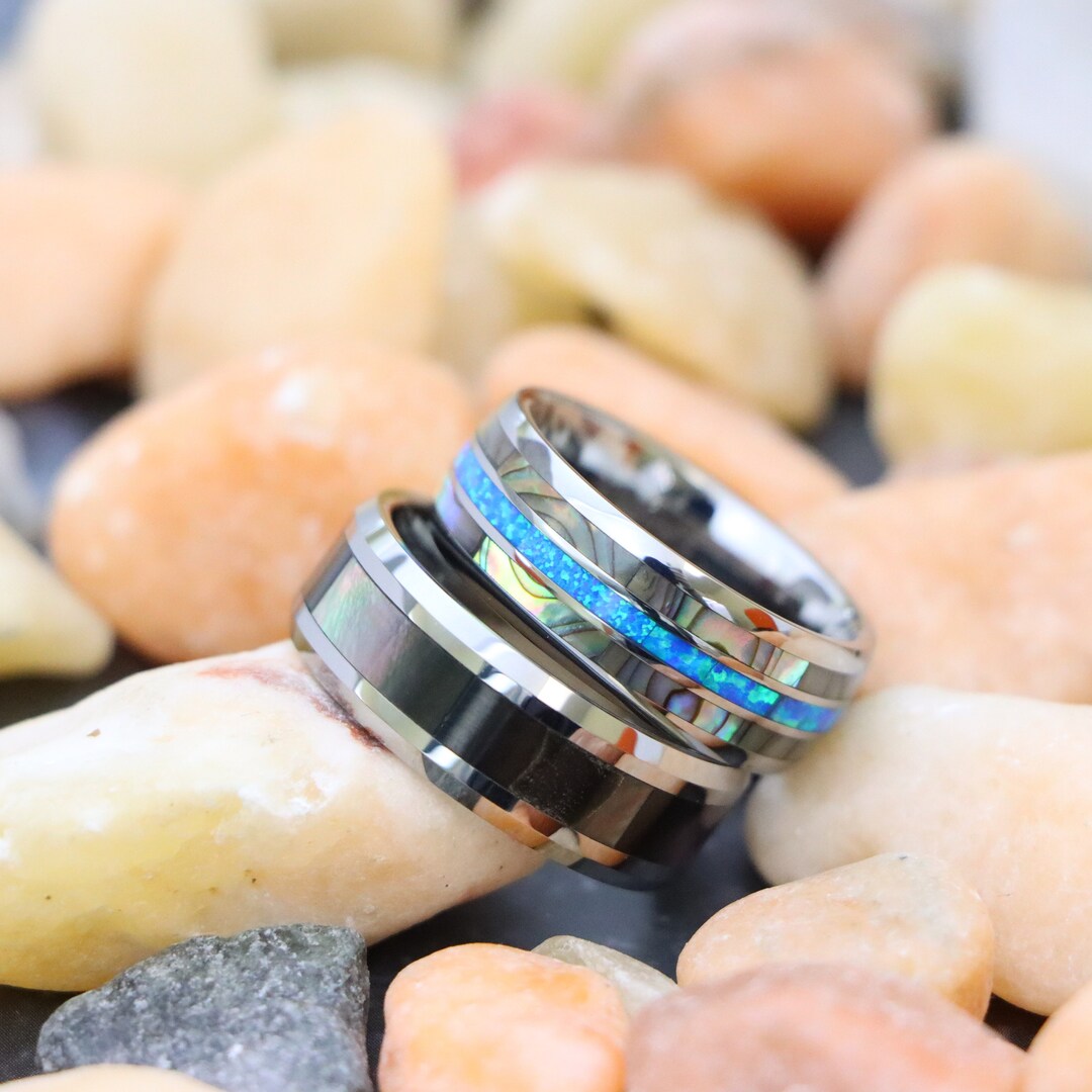 Blue Opal and Abalone Shell Inlay Ring, Abalone Wedding Band, Women ...