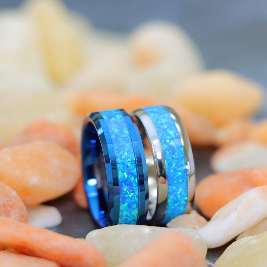 Mens Wedding Ring, Blue Opal Ring, Tungsten Wedding Band, Blue Tungsten ...