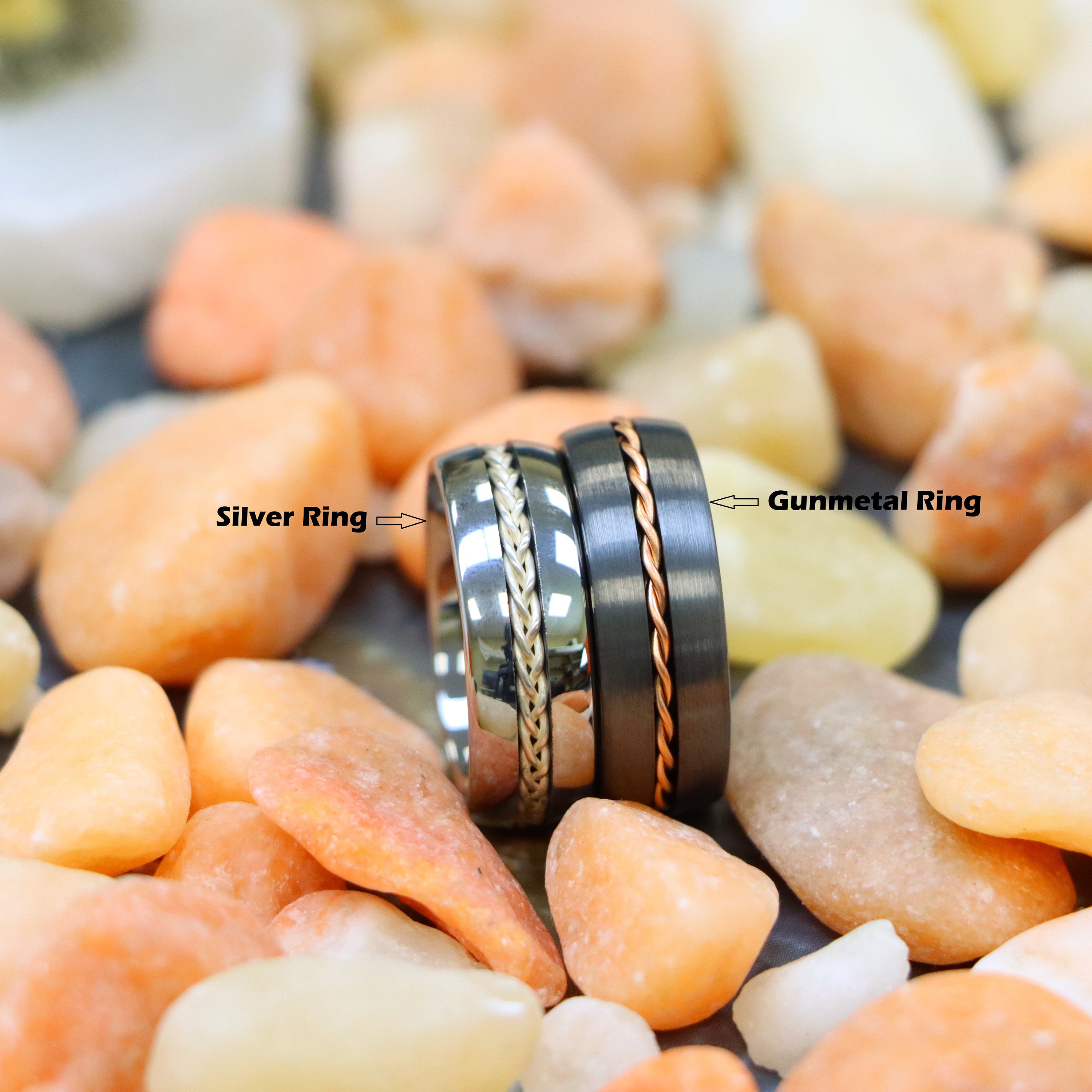 Gunmetal Tungsten Wedding Ring With Rose Gold Rope Inlay, Mens Wedding ...