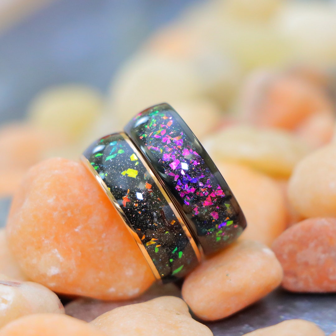 Unique Opal Abalone Fragment Inlay Ring, Dome Black Tungsten Wedding ...