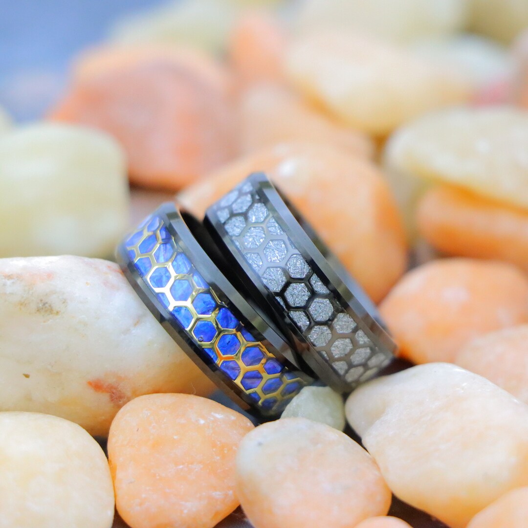 8mm Metallic Meteorite With Honeycomb Hexagon Pattern Inlay High Polish ...