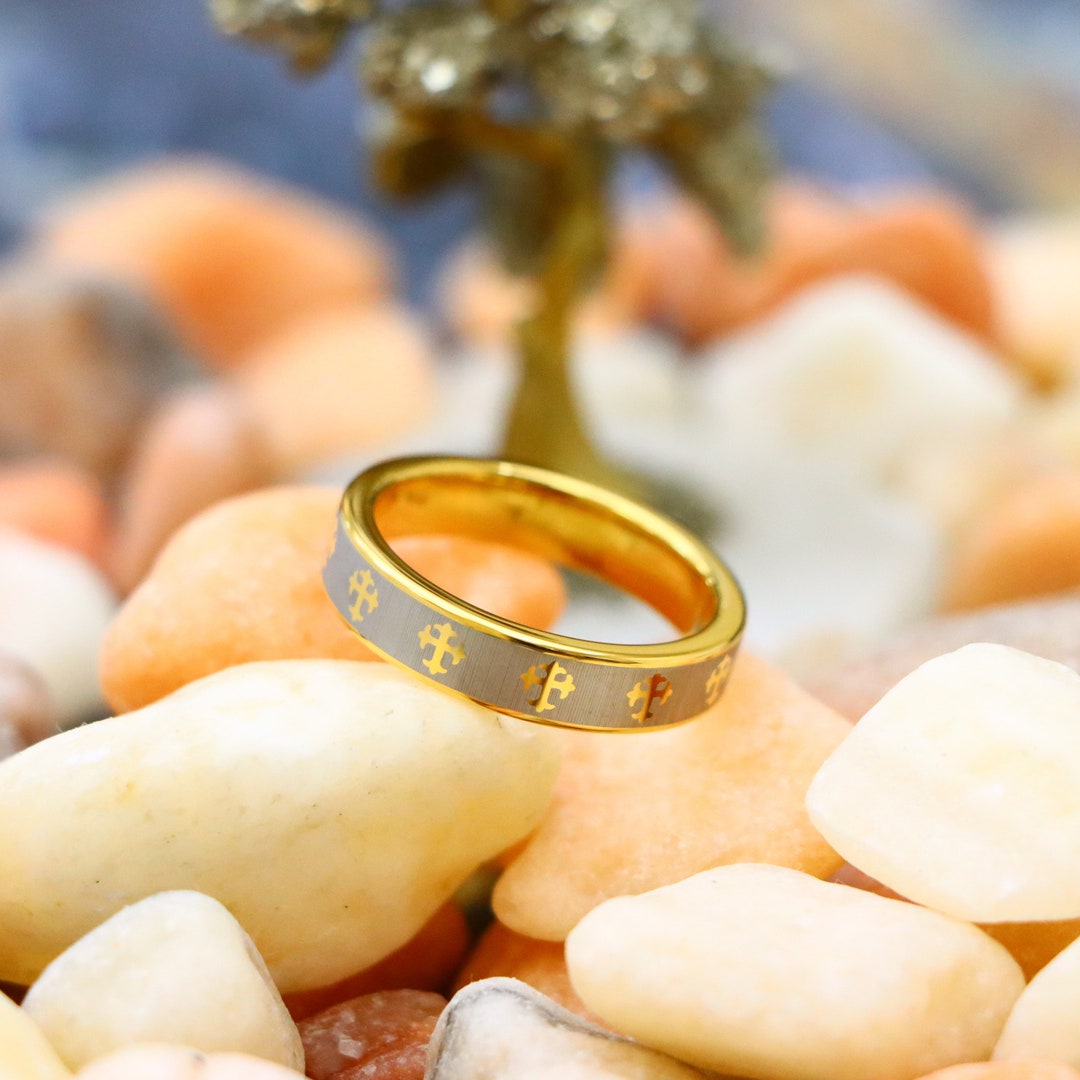 Yellow Gold Tungsten Ring, Men's Wedding Band, Cross Ornament Ring ...