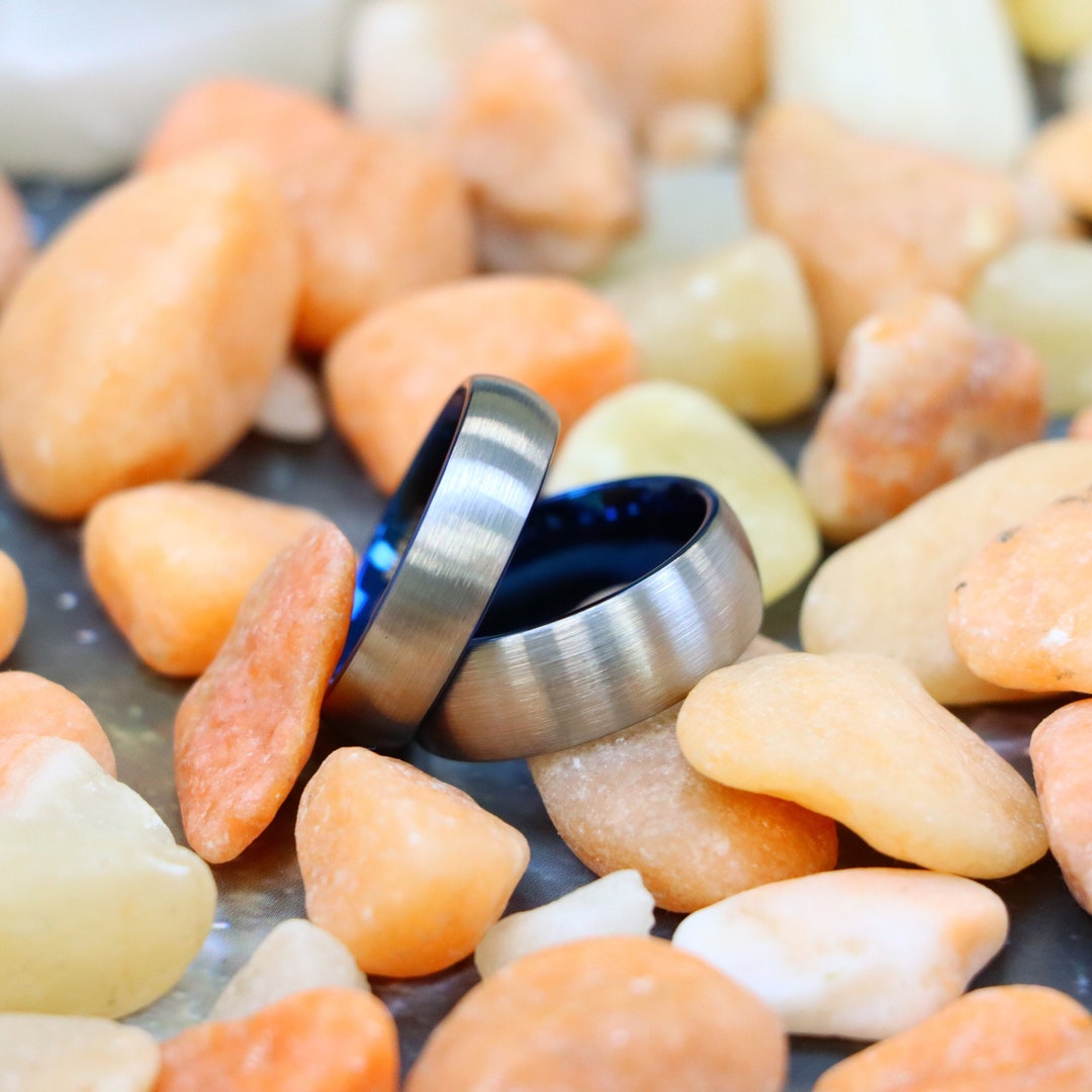 Blue and Silver Brushed Tungsten Wedding Band Ring for Men and Women ...