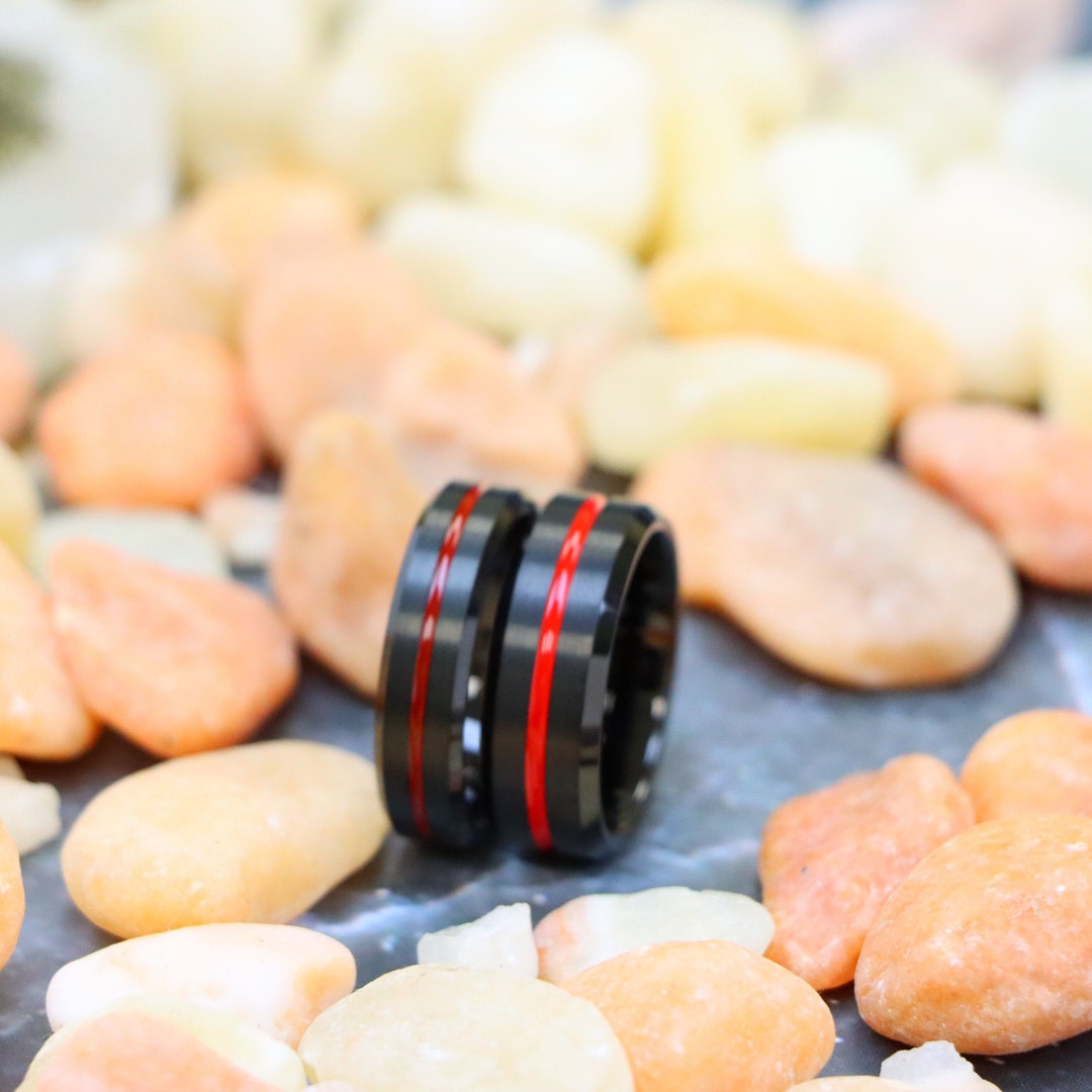 Black Matching Wedding Band, Red Tungsten Ring, Black and Red Ring, Men ...