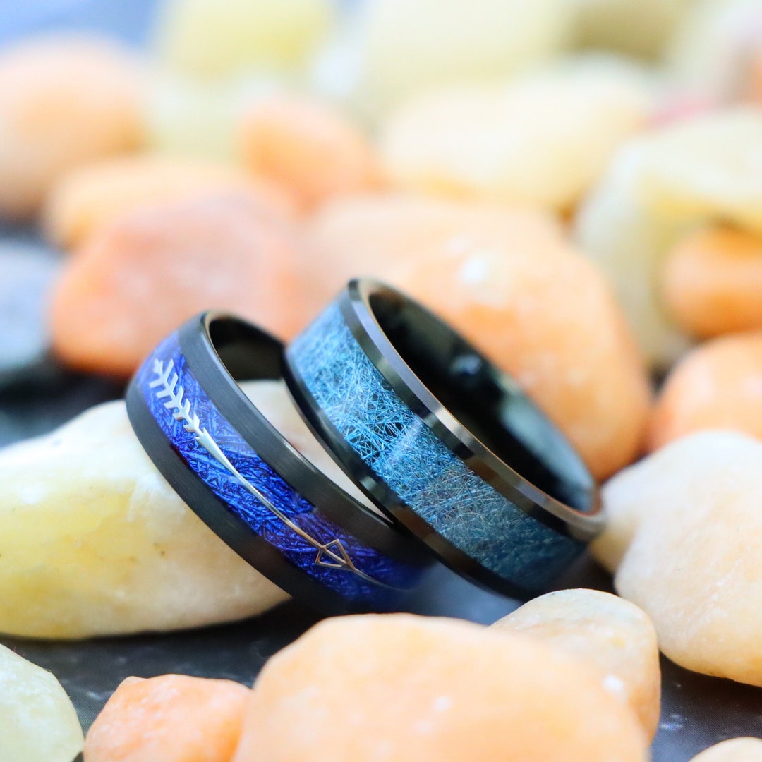 8mm Arrow Inlay Blue Meteorite Tungsten Wedding Band, Silk Inlay ...