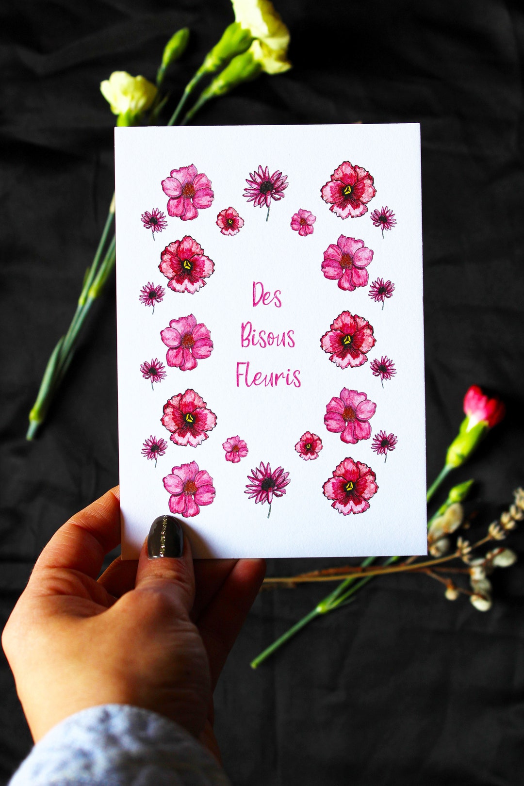 Floral Watercolor Postcard Kisses Flowery Handmade Reproduction Pink ...