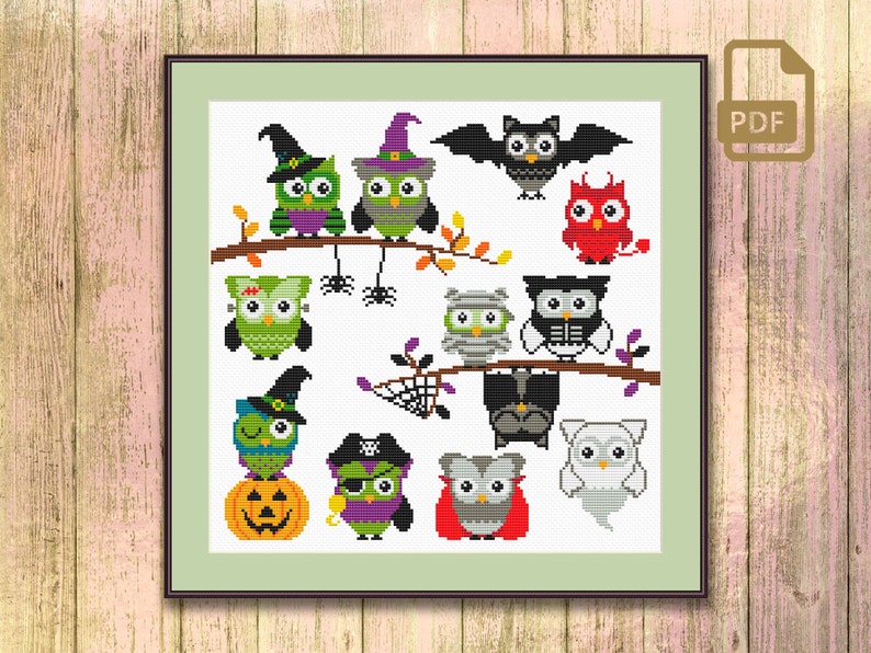 Halloween Owls Cross Stitch Pattern, Owls Cross Stitch Pattern ...