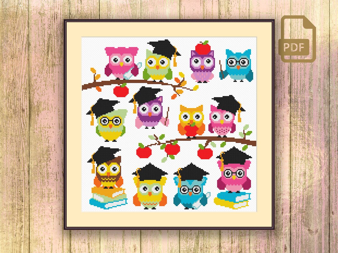 School Owls Cross Stitch Pattern, Owls Pattern, Nursery Cross Stitch ...