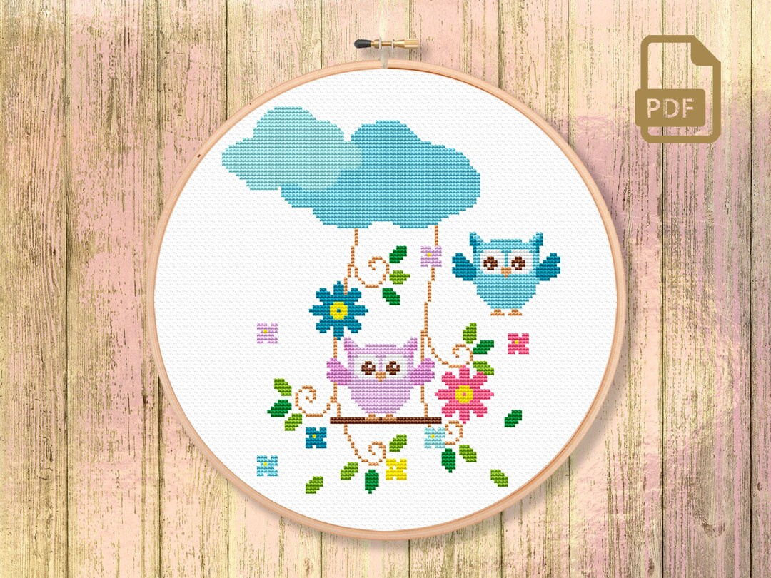 Owls With Swing Cross Stitch Patterns, Owl Cross Stitch Pattern, Owls ...