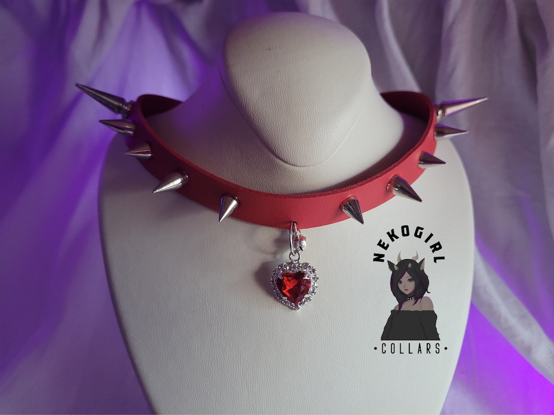 PLUS SIZE Choker Red Stud Spiked Collar With a Heart Crystal and Tiny Bell Alternative Pastel ...