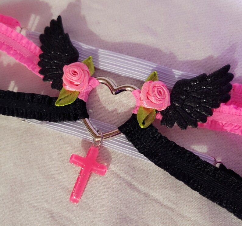 Handmade Leg Garter Adjustable Pink & Black Angel Wings and Cross ...