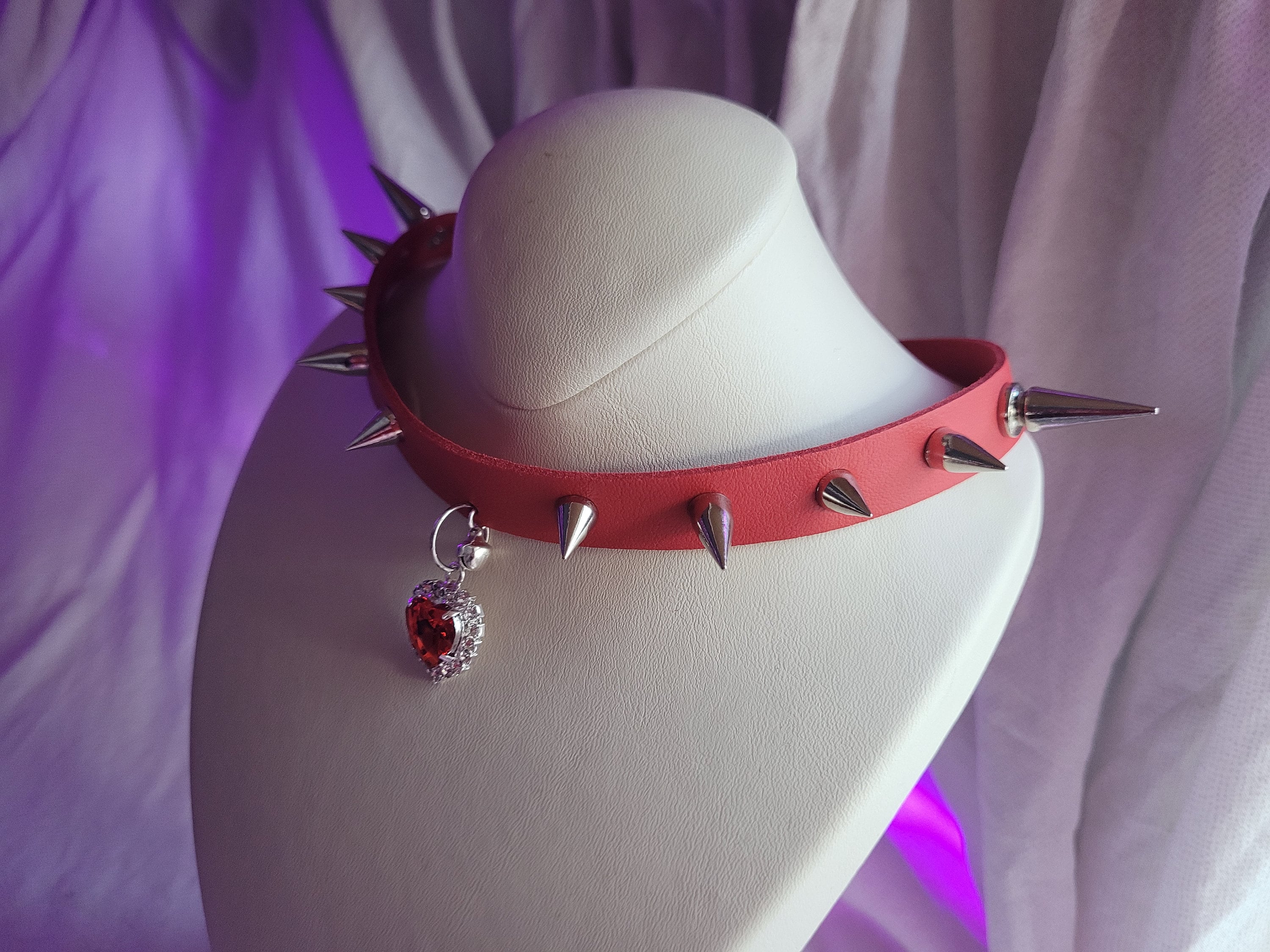 PLUS SIZE Choker Red Stud Spiked Collar With a Heart Crystal and Tiny ...