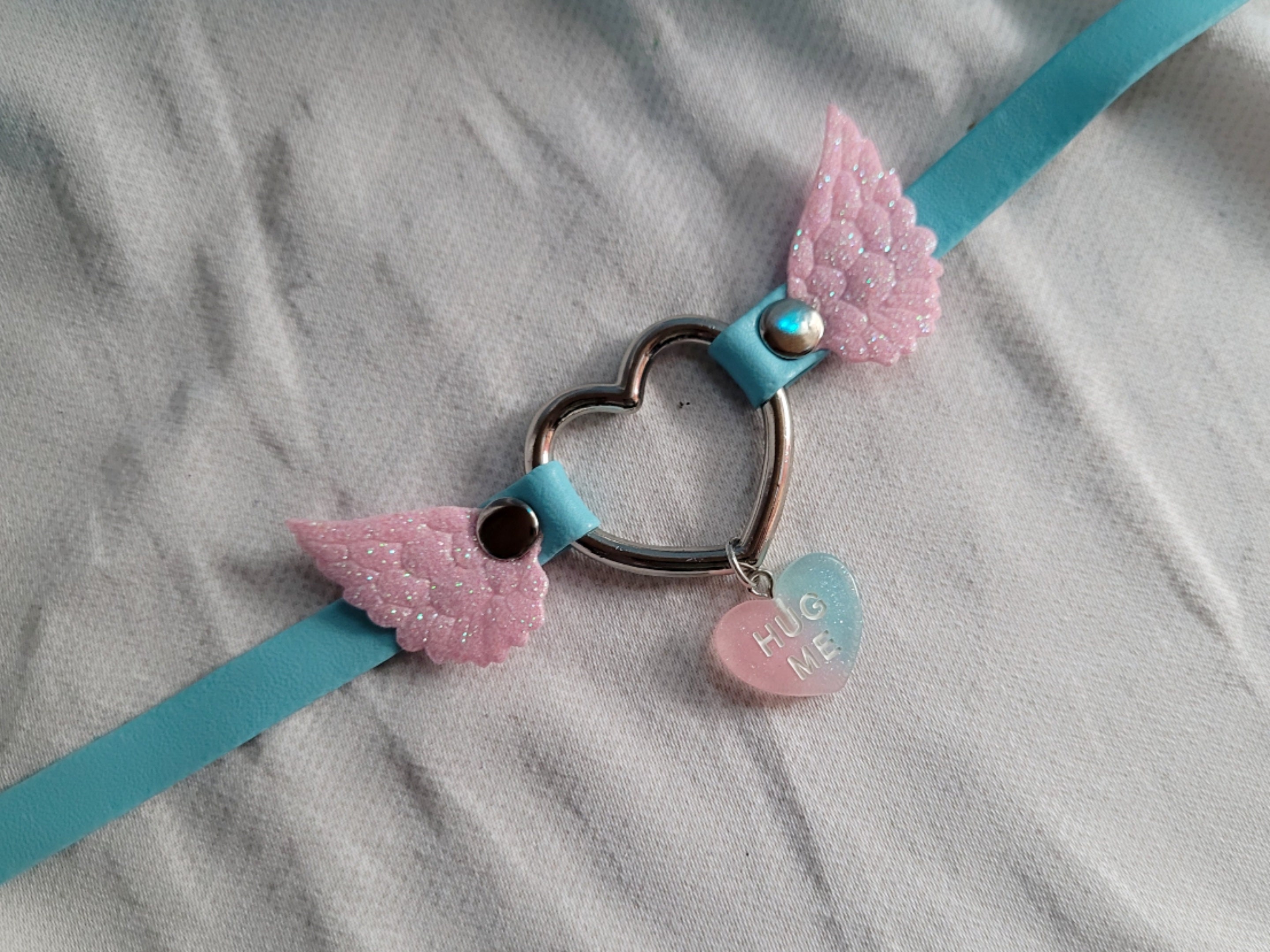 Kawaii hug Me Blue & Pink Choker Angel Wings Alternative E-girl Lolita ...