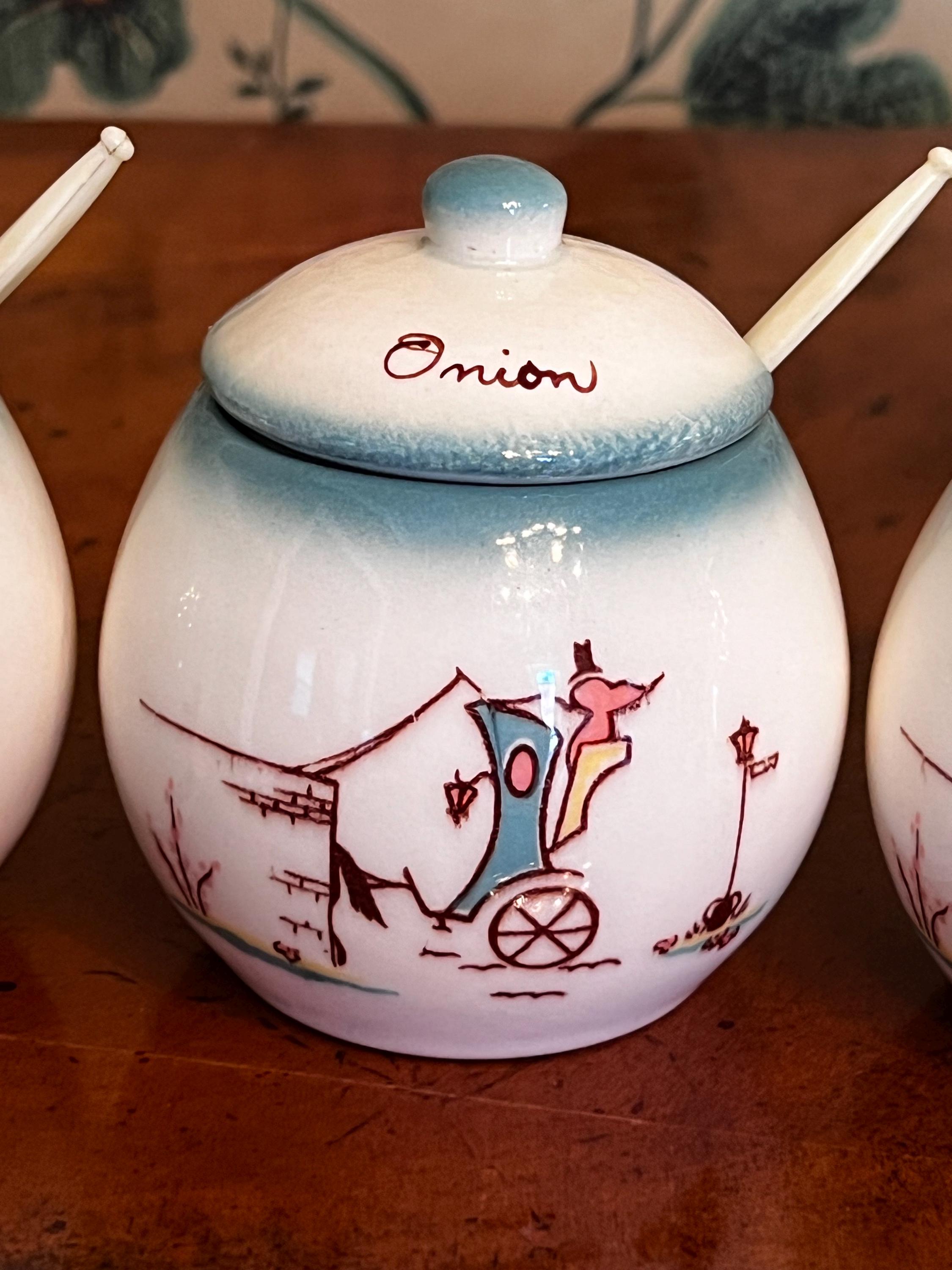 Vintage Set of 4 Porcelain Condiment Jars With Original Celluloid ...