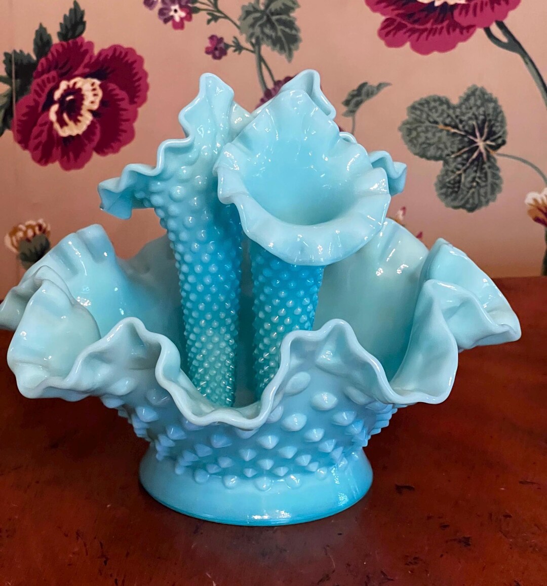 RARE Vintage Fenton Turquoise Hobnail 3 Horn Epergne Centerpiece MINT ...