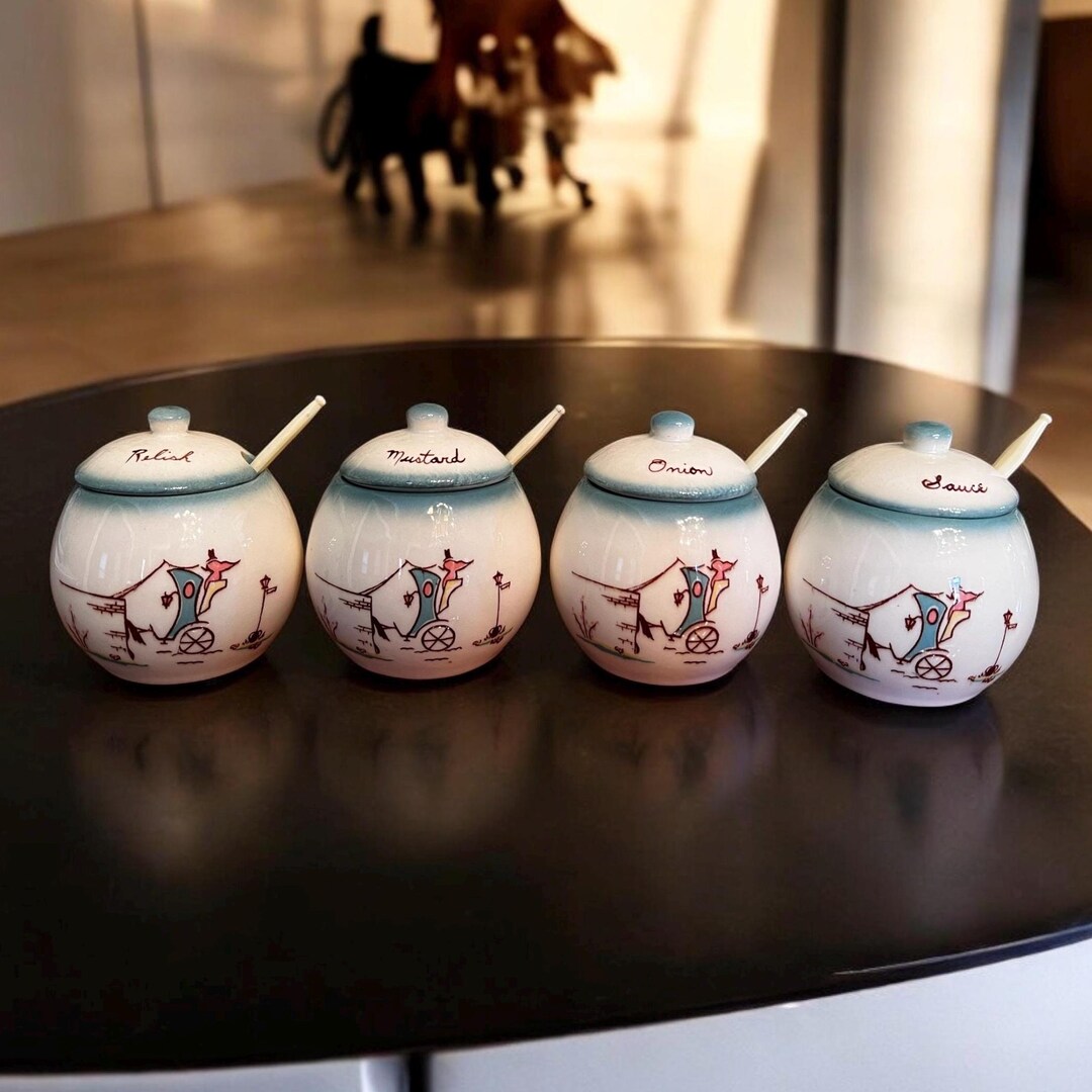 Vintage Set of 4 Porcelain Condiment Jars With Original Celluloid ...
